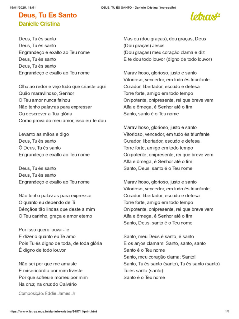 DEUS, TU ÉS SANTO - Danielle Cristina (Impressão) | PDF | Deus | Santo