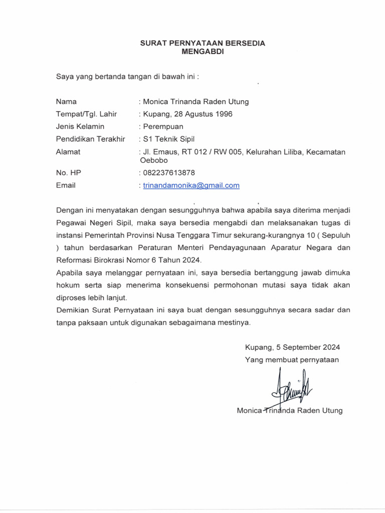 Surat Pernyataan Bersedia Mengabdi Monic | PDF