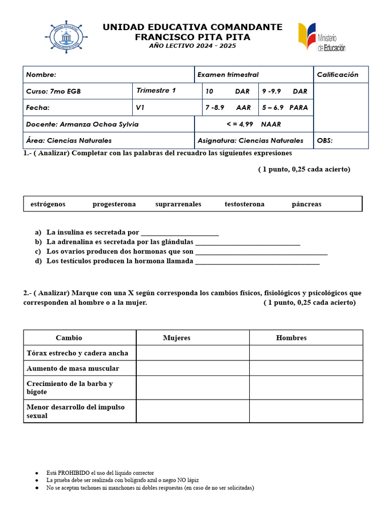 Examen CCNN 1er Trimestre Con Puntaje Corregido #2 | PDF