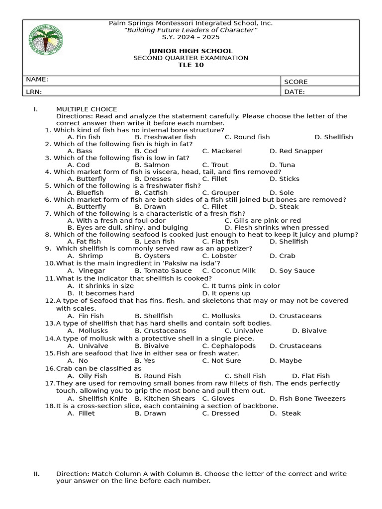 TLE10_Second Exam | PDF | Sushi | Shellfish TLE10_Second Exam | PDF | Sushi | Shellfish