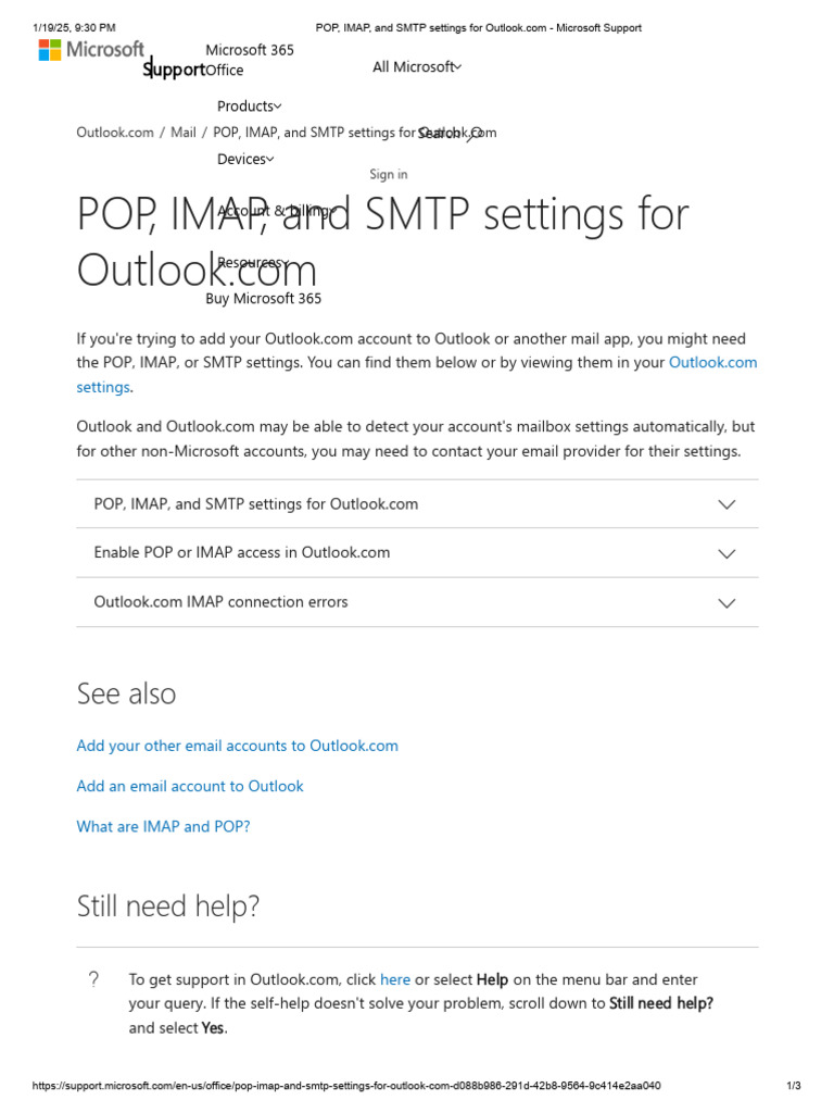 POP, IMAP, and SMTP settings for Outlook.com - Microsoft Support | PDF | Microsoft Outlook ...