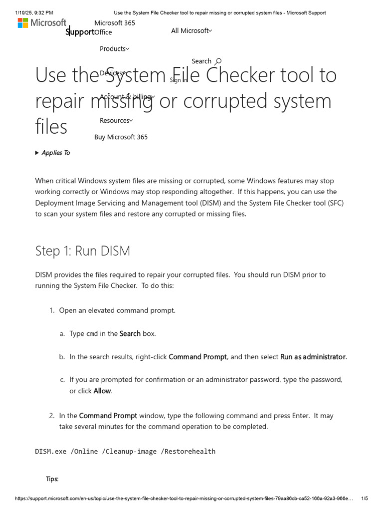 Use The System File Checker Tool To Repair Missing or Corrupted System Files - Microsoft Support ...