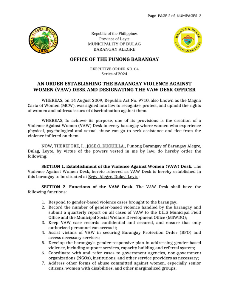 EXECUTIVE ORDER Barangay-VAW-Desk-Officer | PDF | Violence | Injustice