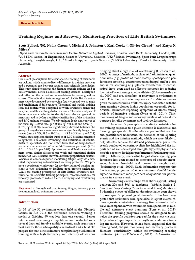 Pollock Et Al 2019 Swimming Survey | PDF | Strength Training | Swimming