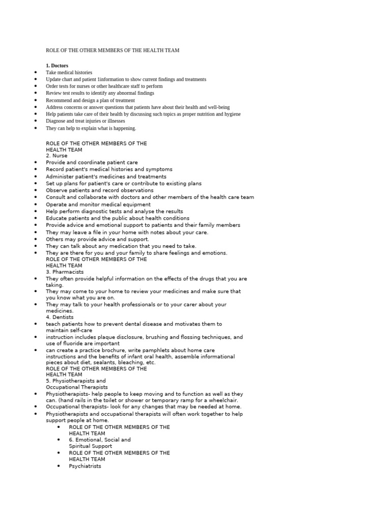 Roles of Healthcare Team Members | PDF | Health Care | Health Professional