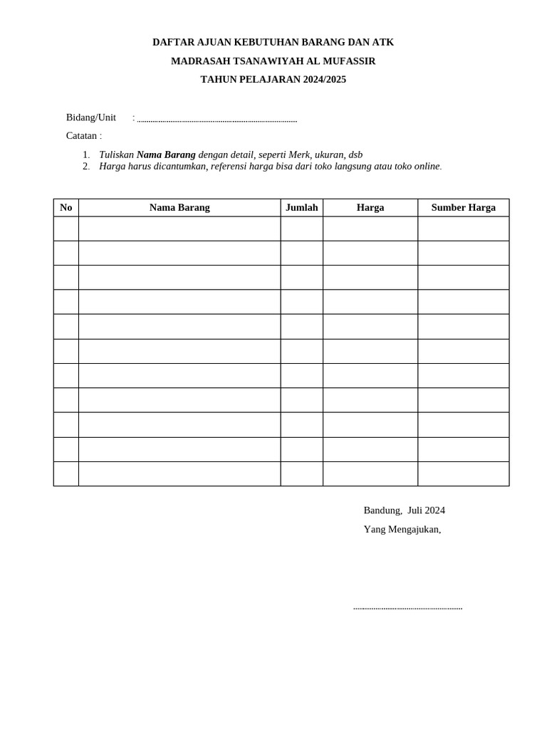 Daftar Ajuan Kebutuhan Barang Dan Atk | PDF