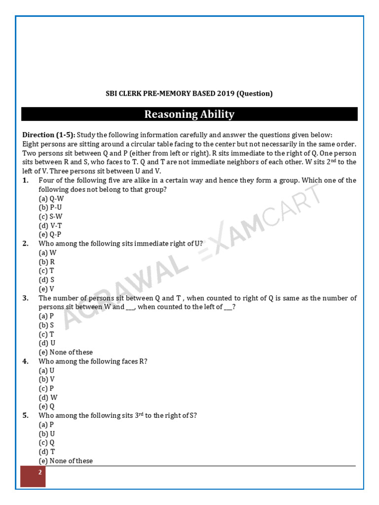 Reasoning Ability SBI Clerk Prelims 2019 Memory Based Questions | PDF