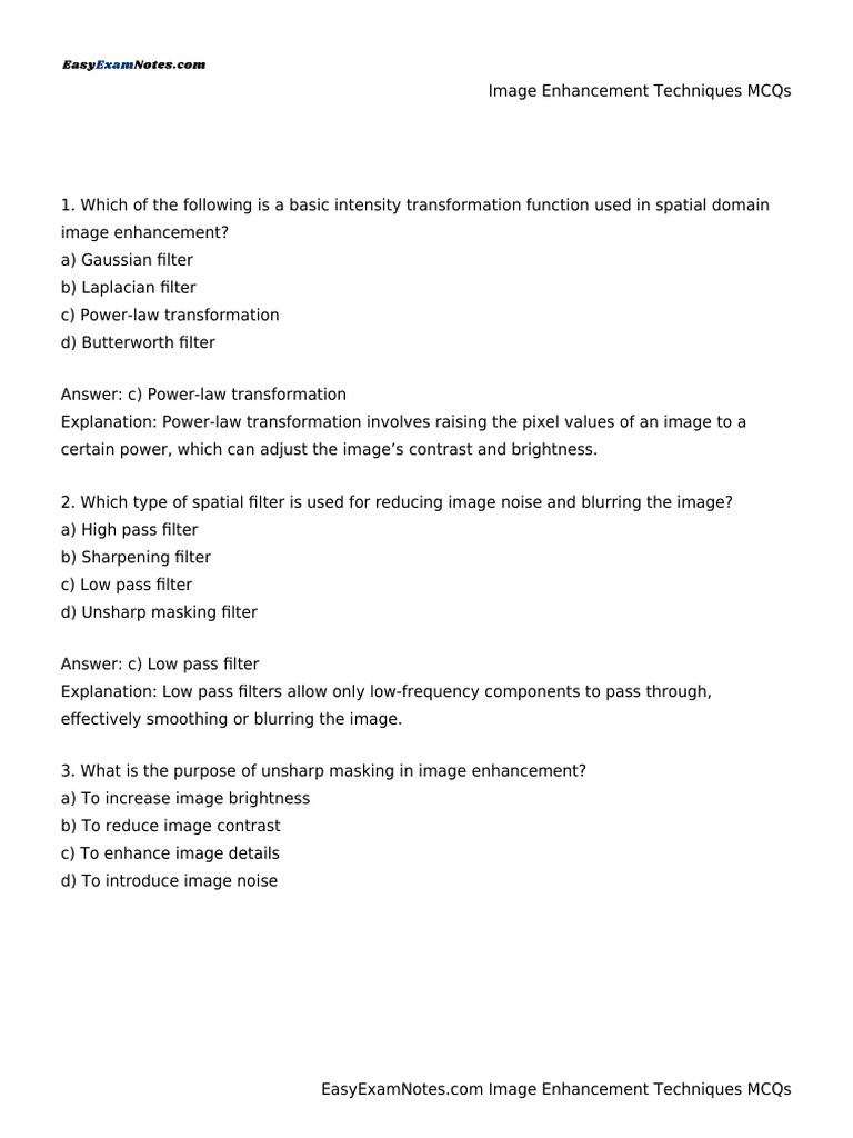 Image Enhancement Techniques MCQs | PDF | Image Processing | Signal Processing