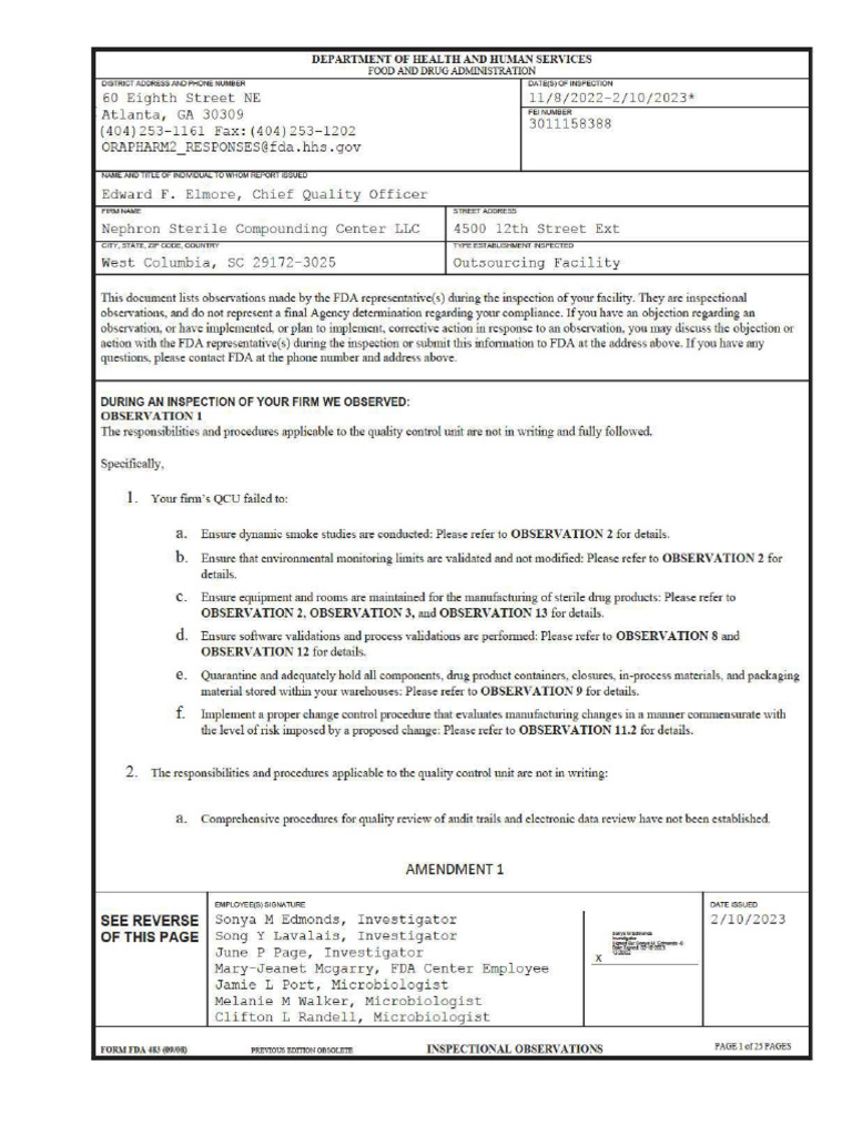 Nephron Sterile Compounding - 483 | PDF | Food And Drug Administration
