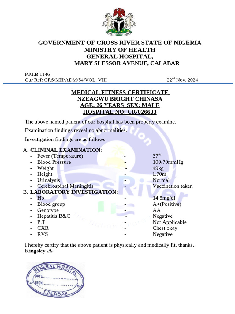 Medical Fitness Certificate - Calabar | PDF