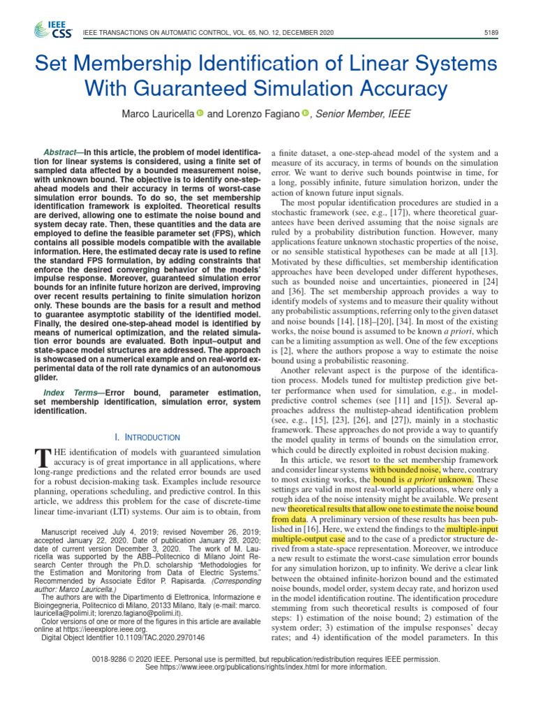 Set Membership Identification Of Linear Systems With Guaranteed Simulation Accuracy Pdf