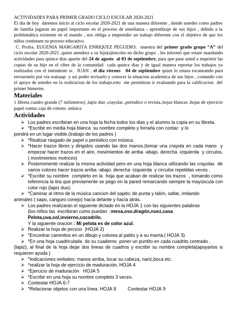 Actividades Educativas Primer Grado 2020 | PDF