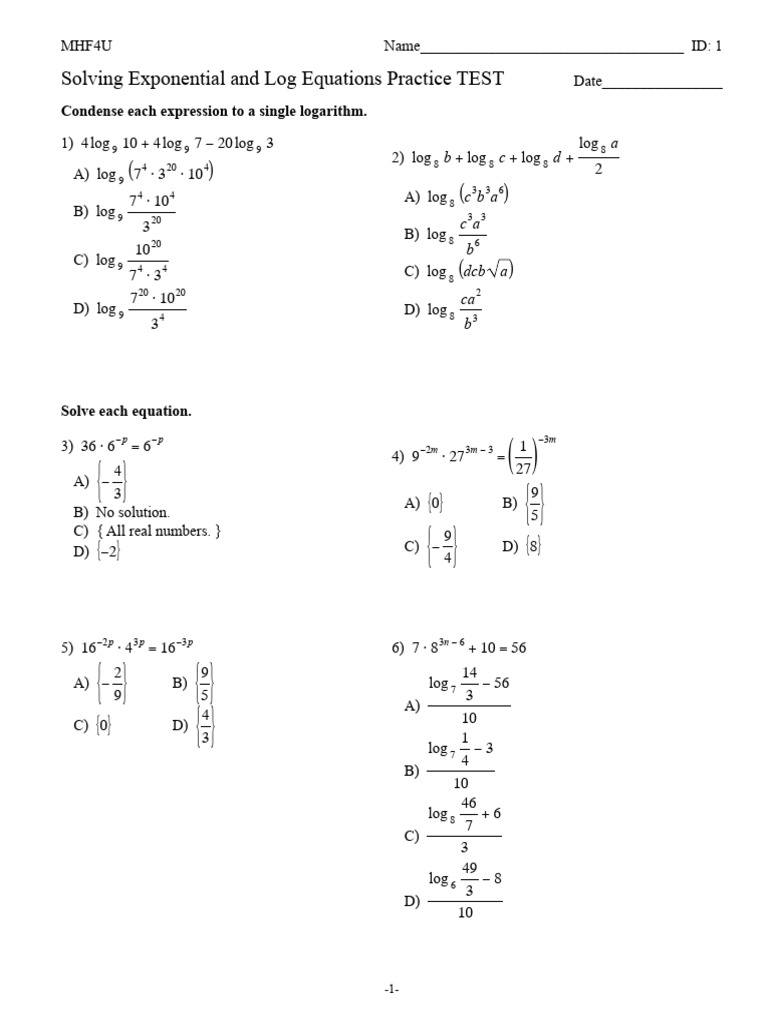 Exp Log Practice TEST 2 Exp and Log Equations | PDF | Exponential ...