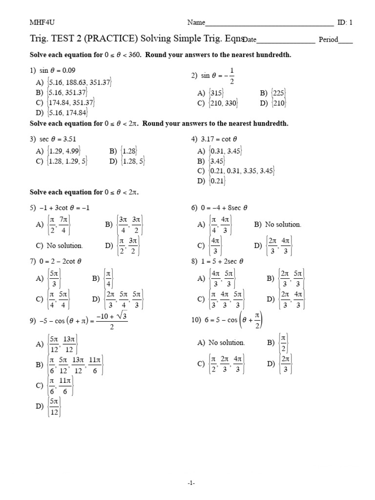 Trigonometry TEST 2 MCQ Practice | PDF | Trigonometry | Euclid
