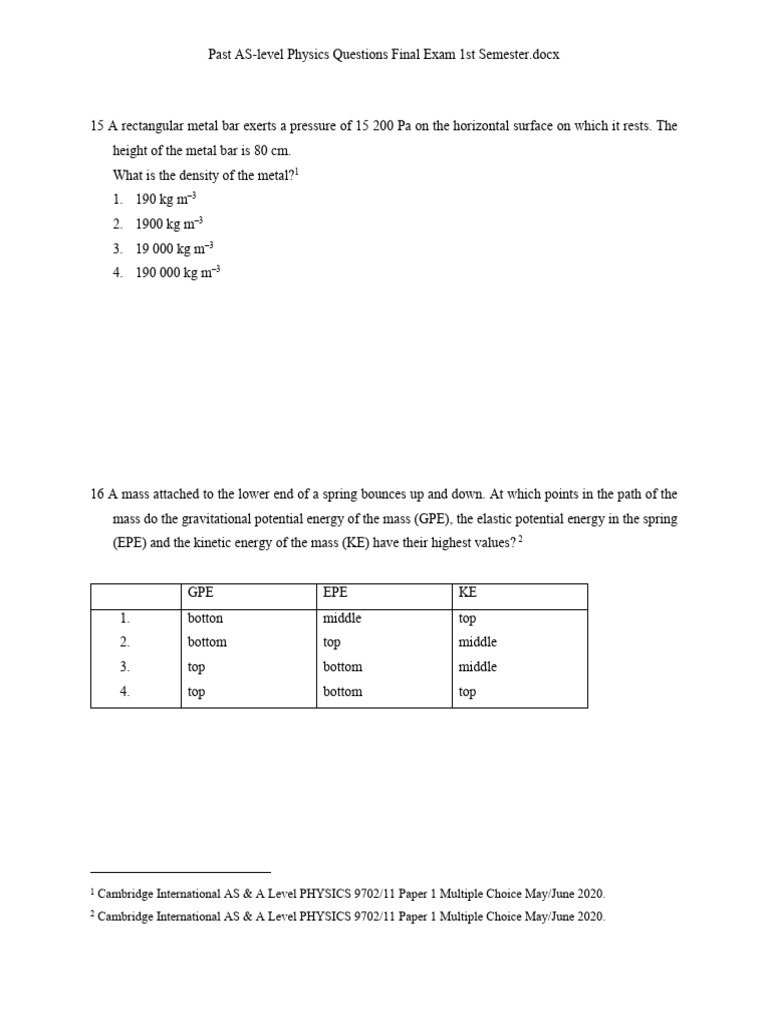 Past AS-level Physics Questions Final Exam 1st Semester | PDF ...