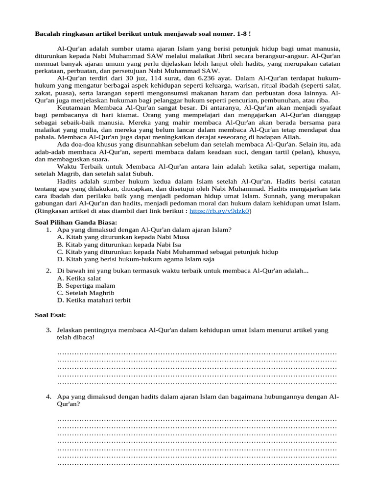 SOAL PAI AKM KELAS 7 GAZAL 2024 | PDF