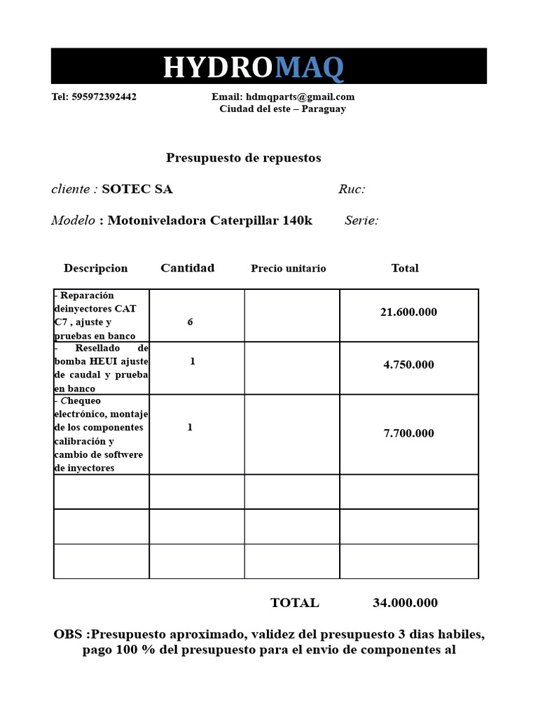 Presupuesto de Repuestos para SOTEC SA | PDF