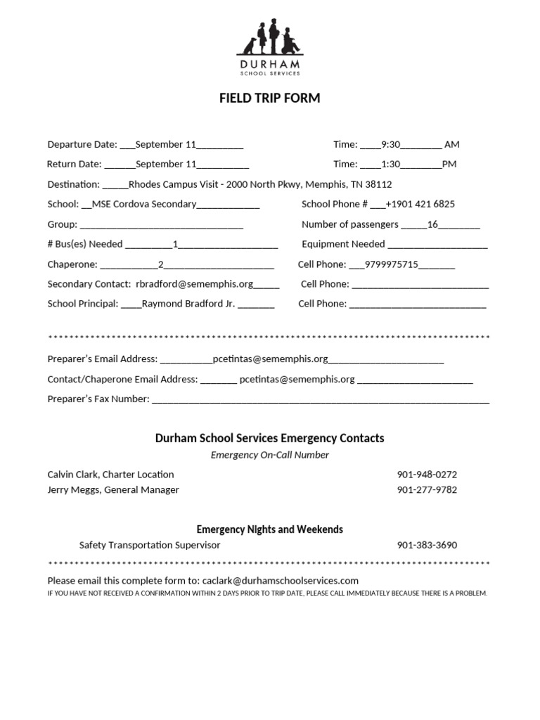 Sep 11 Durham Field Trip Bus Request Form | PDF