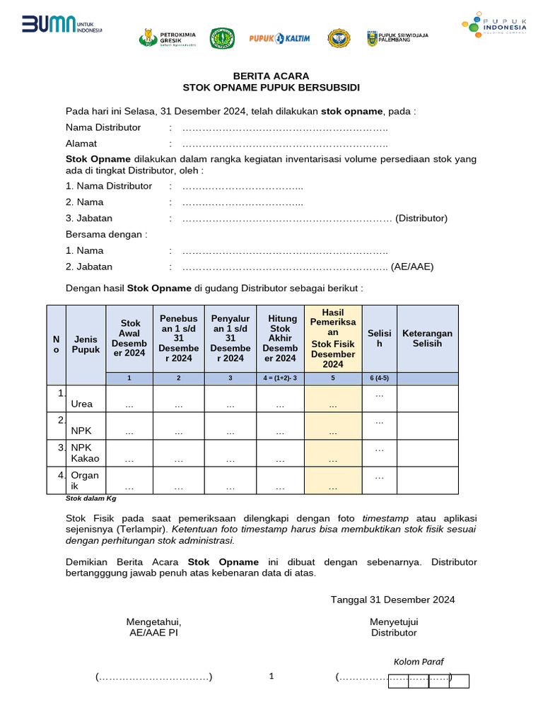 Form_Berita Acara Stok Opname Distributor Periode II_2024-1 | PDF