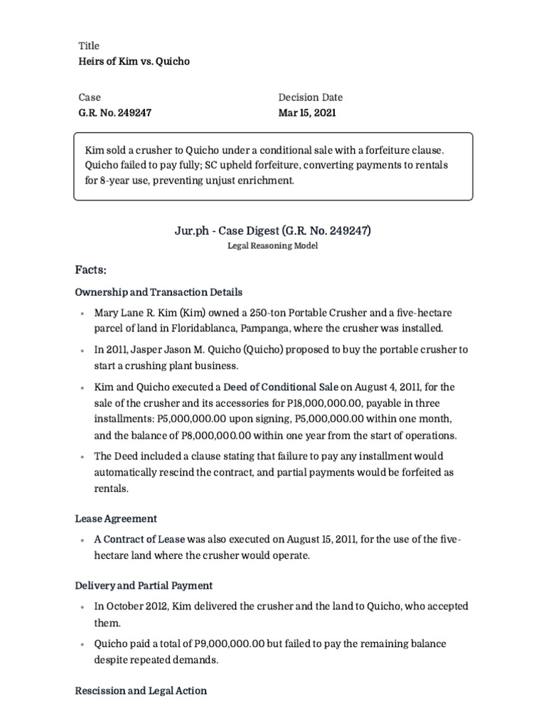 Case Digest - G.R. No. 249247 - Heirs of Kim vs. Quicho | PDF | Breach ...