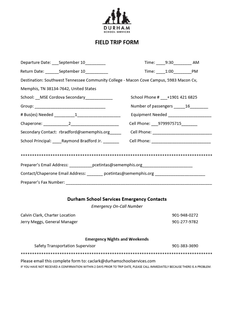 Sep 10 Durham Field Trip Bus Request Form | PDF