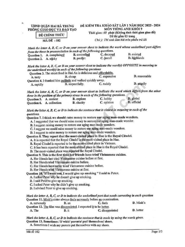 Thi TH Vào 10 Hà Đông 2024 | PDF