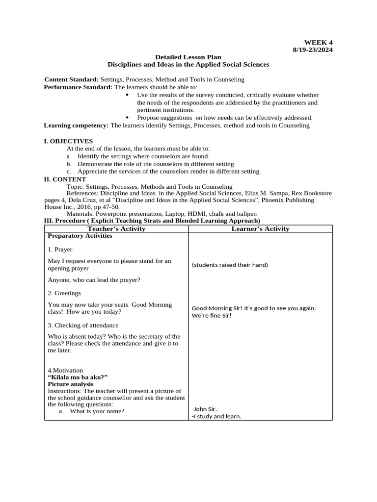 Detailed Lesson Plan-DIASS-WEEK4 | PDF | School Counselor | Psychology