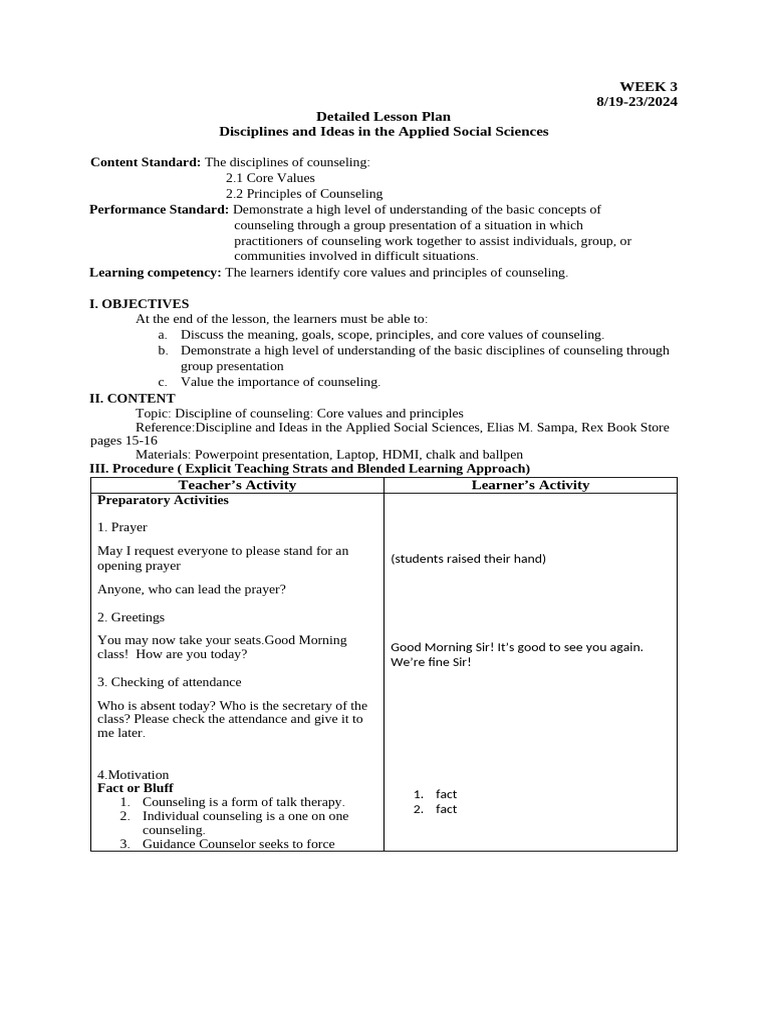 Detailed Lesson Plan-DIASS-WEEK3 | PDF | Psychotherapy | Lesson Plan