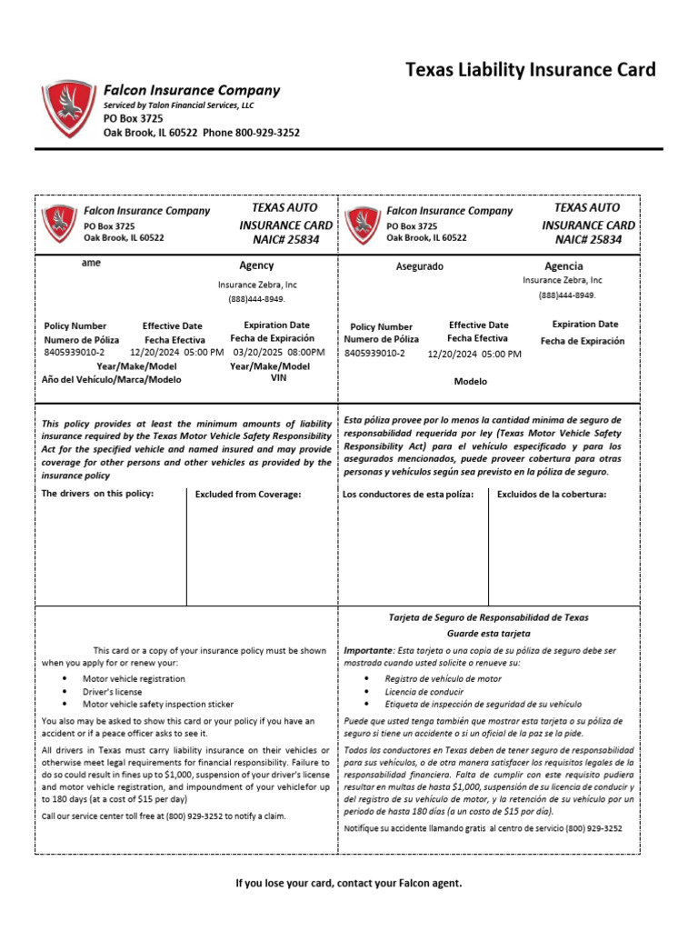 Texas Liability Insurance Card | PDF | Vehículo de motor | Vehículos