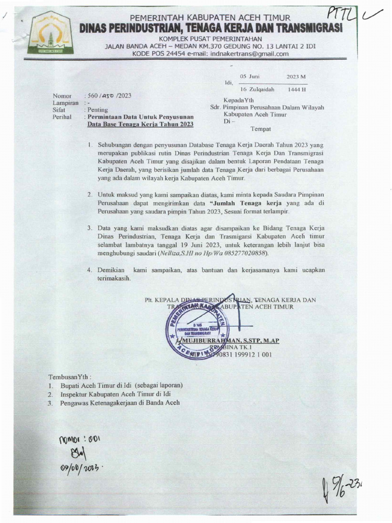 Permintaan Data Untuk Penyusunan Data Base Tenaga Kerja Tahun 2023 | PDF