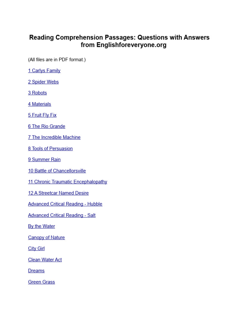 Reading Comprehension Passages Questions With Answers From ...