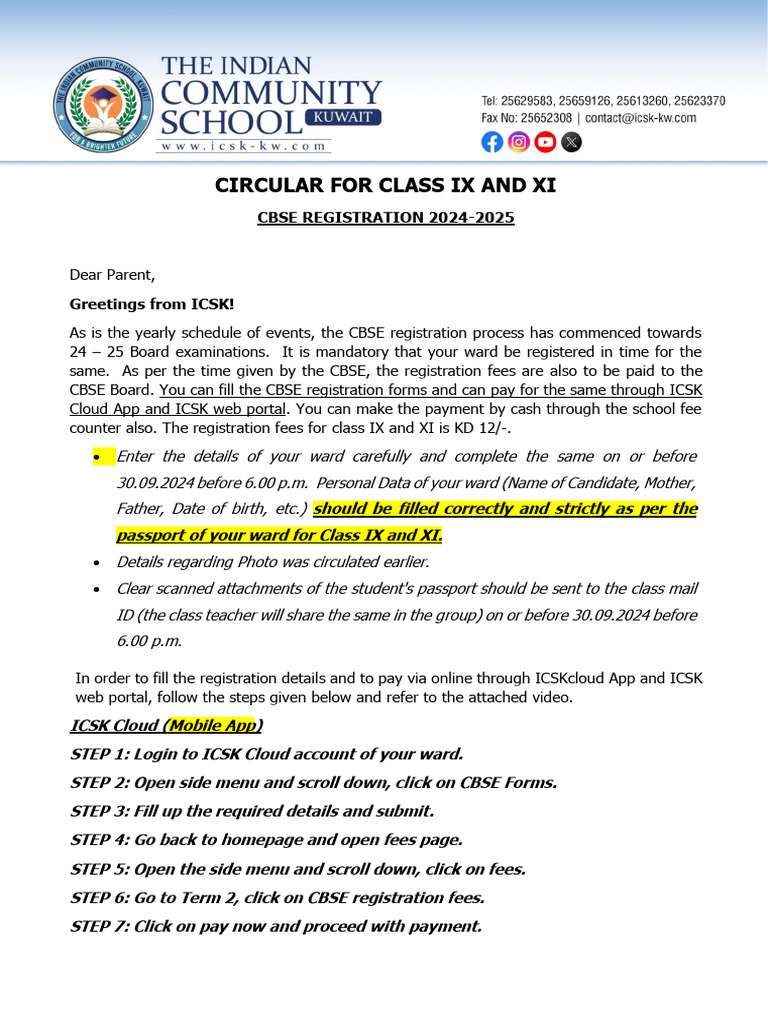 Circular - Cbse Registration (Ix & Xi) 2024 - 2025 | PDF