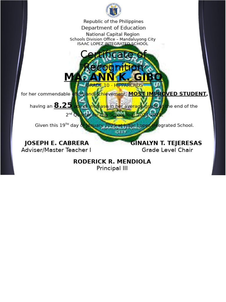Most Improved Certificate | PDF