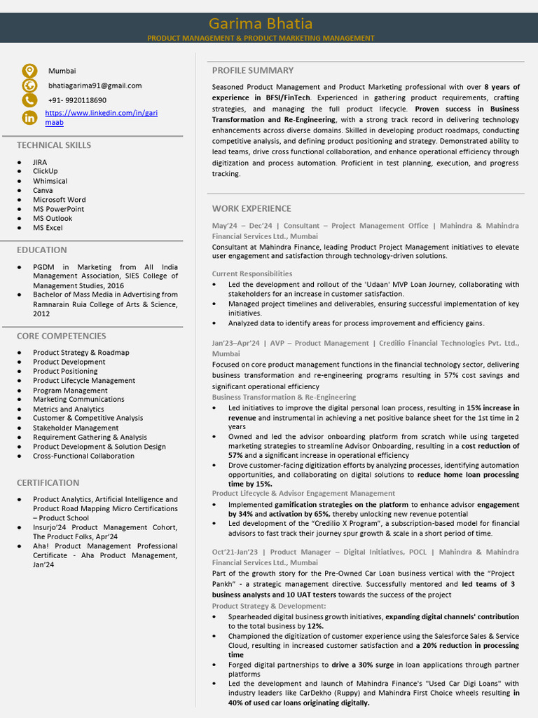 PM Garima Bhatia Jan2025 | PDF | Marketing | Project Management