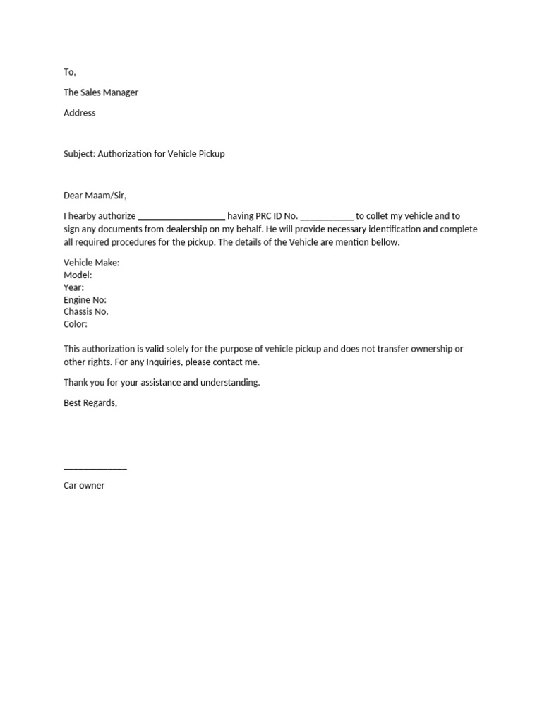 Vehicle Authorization Letter Sample | PDF