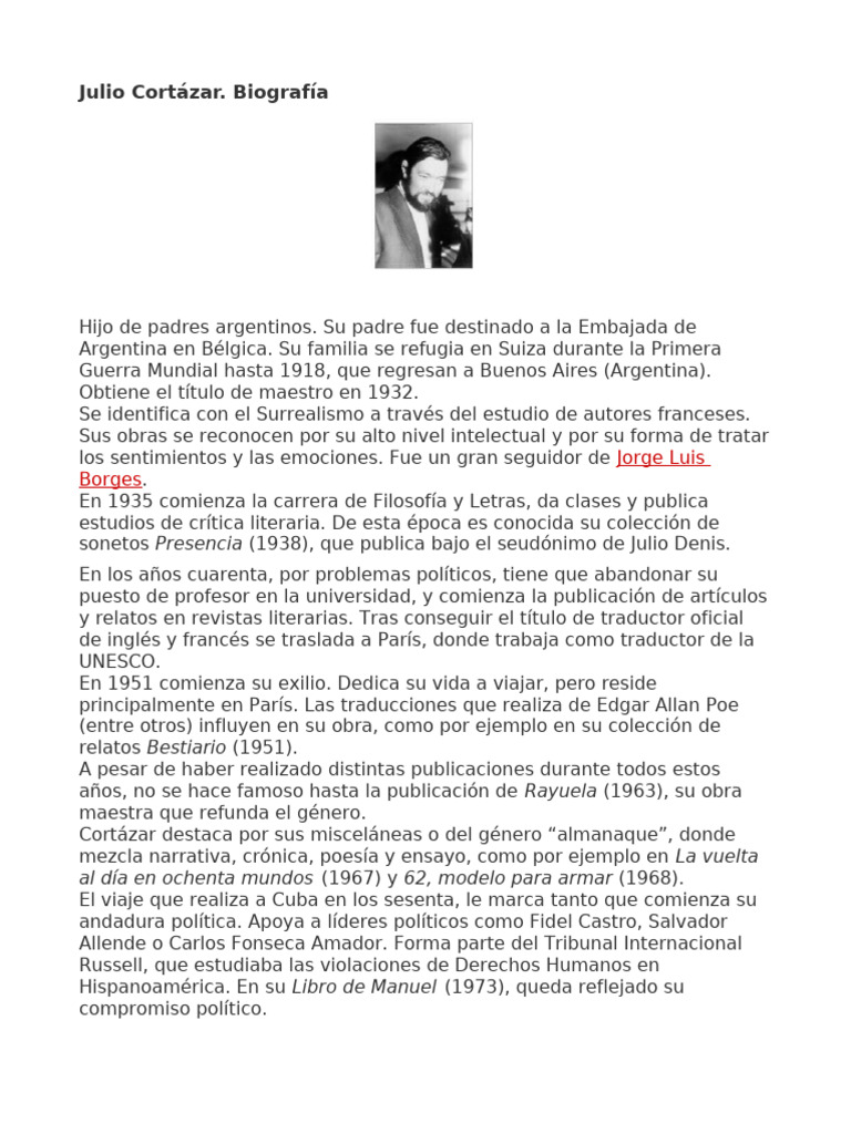 Biografía de Julio Cortázar: Vida y Obra | PDF