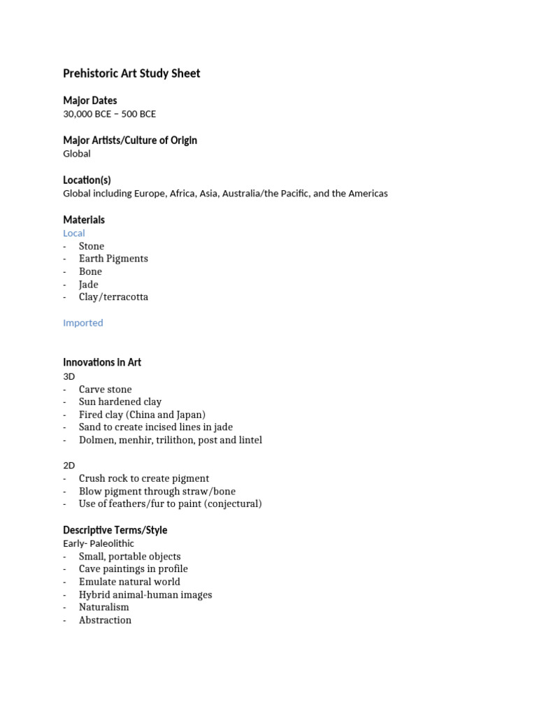 Prehistoric Art Study Sheet Self Check | PDF