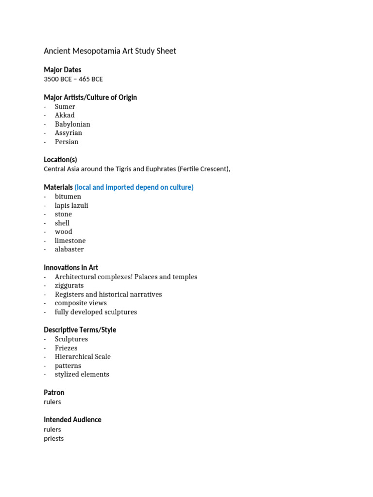 Ancient Mesopotamia Art Study Sheet Self Check | PDF