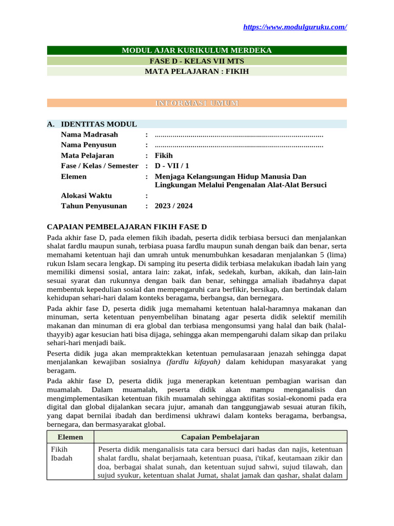 Modul Ajar Fikih Kelas 7 Bab 1 (Modulguruku - Com) | PDF