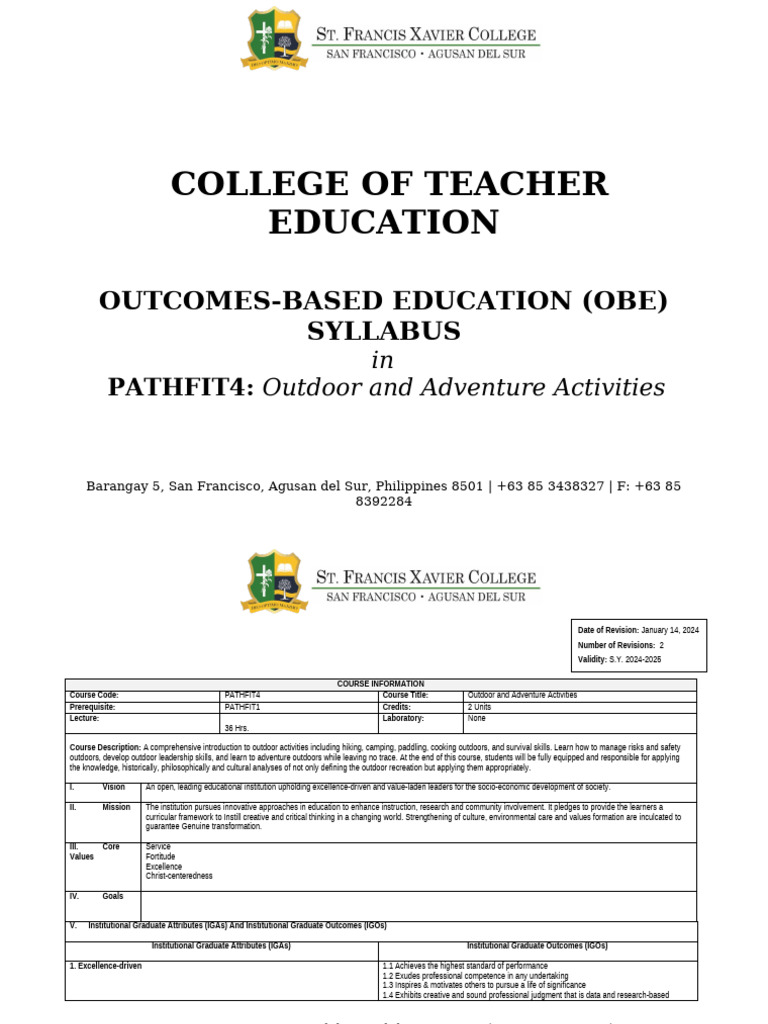 OBE Syllabus for Outdoor Activities Course | PDF | Learning