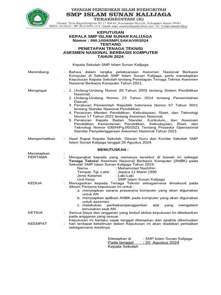 Contoh SK Teknisi ANBK | PDF