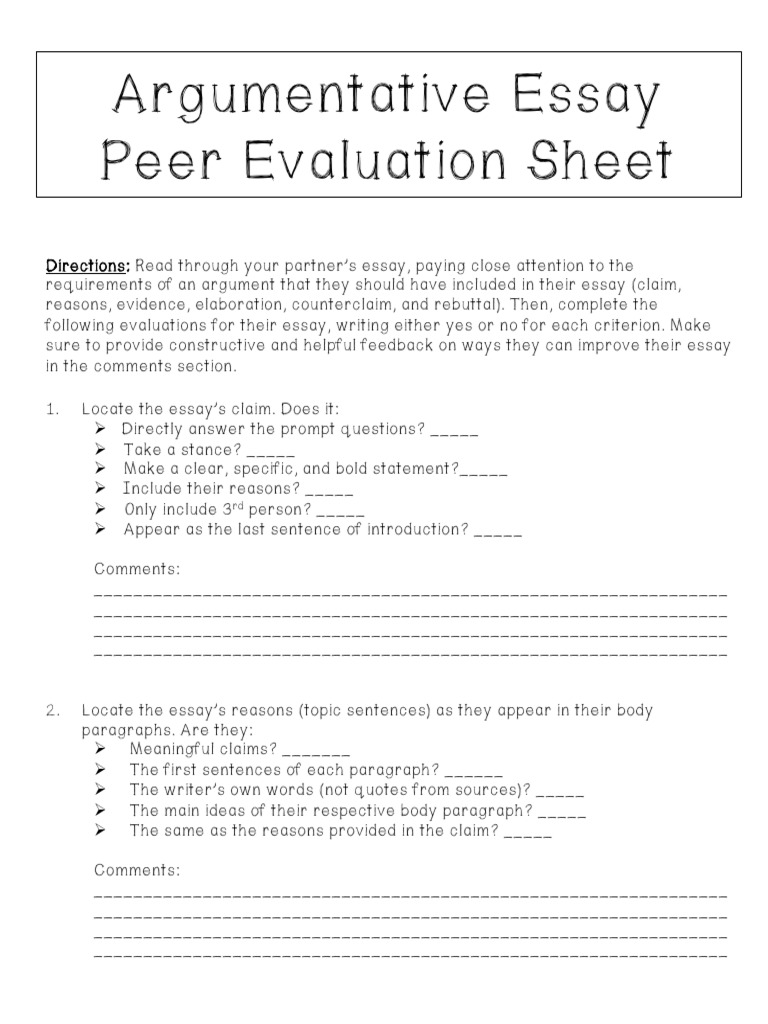 Argumentative Essay Peer Evaluation Sheet | PDF | Essays | Reason
