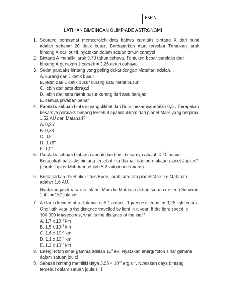 Latihan Paralaks dan Jarak Bintang | PDF