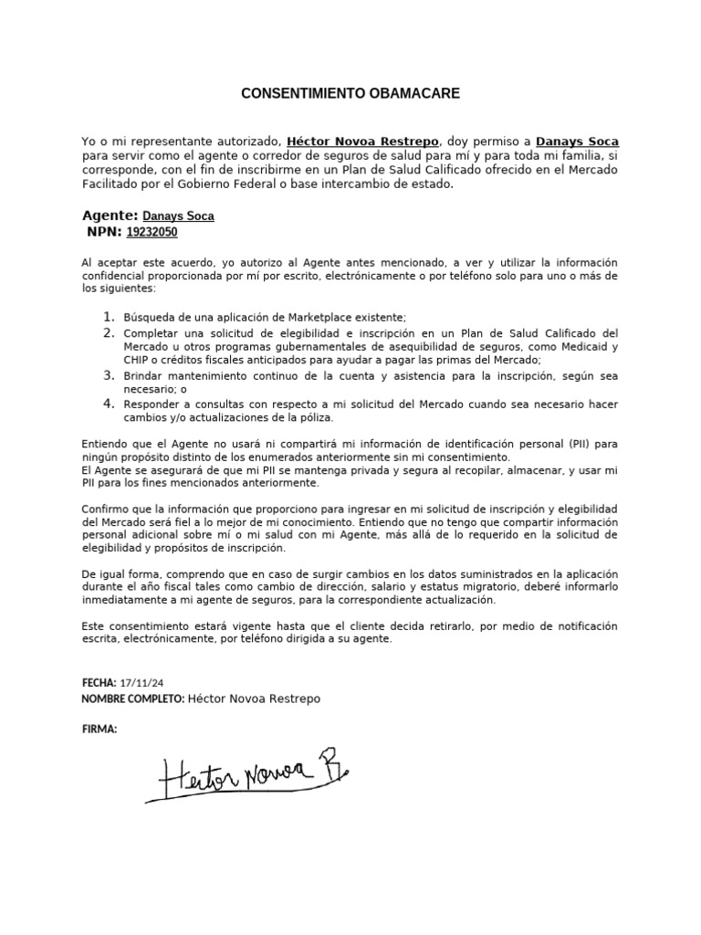 Consentimiento para Inscripción en Obamacare | PDF