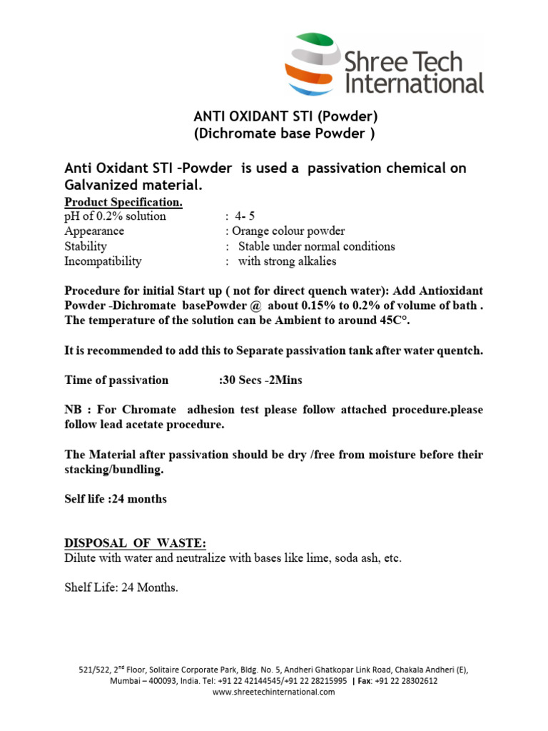 Anti Oxidant STI Powder Guide | PDF