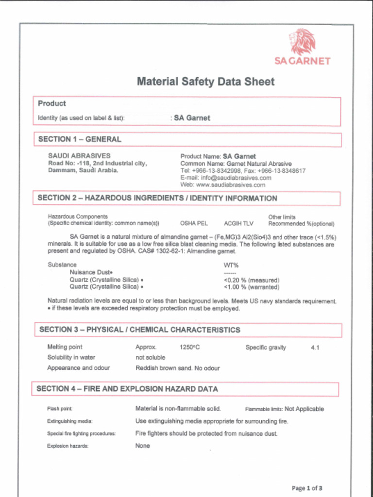 Msds Sa Garnet | PDF