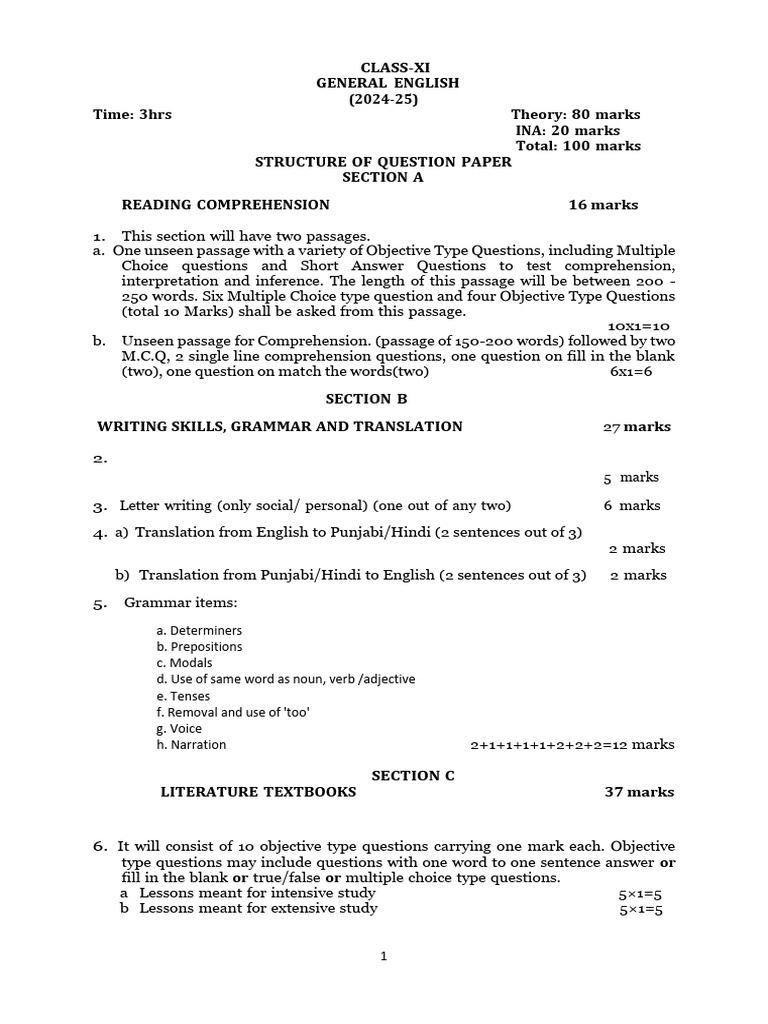General English 11th 2024-25 Only Structure of Question Paper | PDF ...