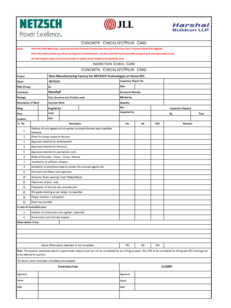 Concrete Pour Checklist and Inspection Card | PDF | Concrete | Building ...