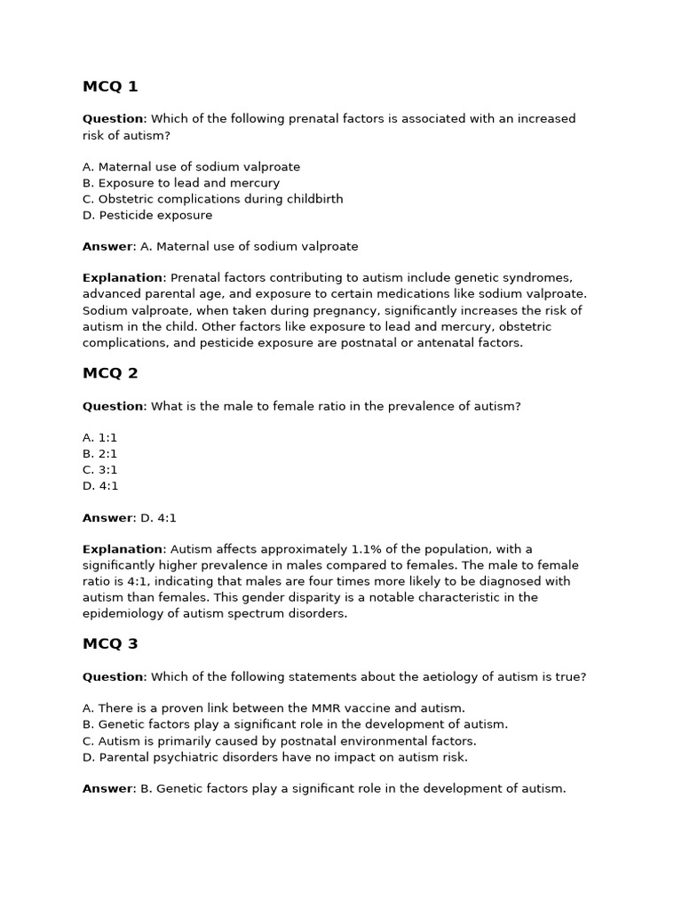 Autism MCQs With Answers | PDF | Autism Spectrum | Mental Disorder