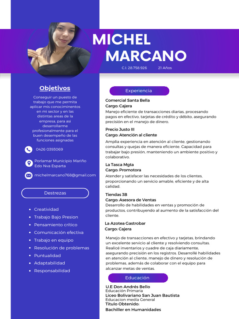 CV Michel Marcano | PDF | Servicio al Cliente | Tarjeta de débito